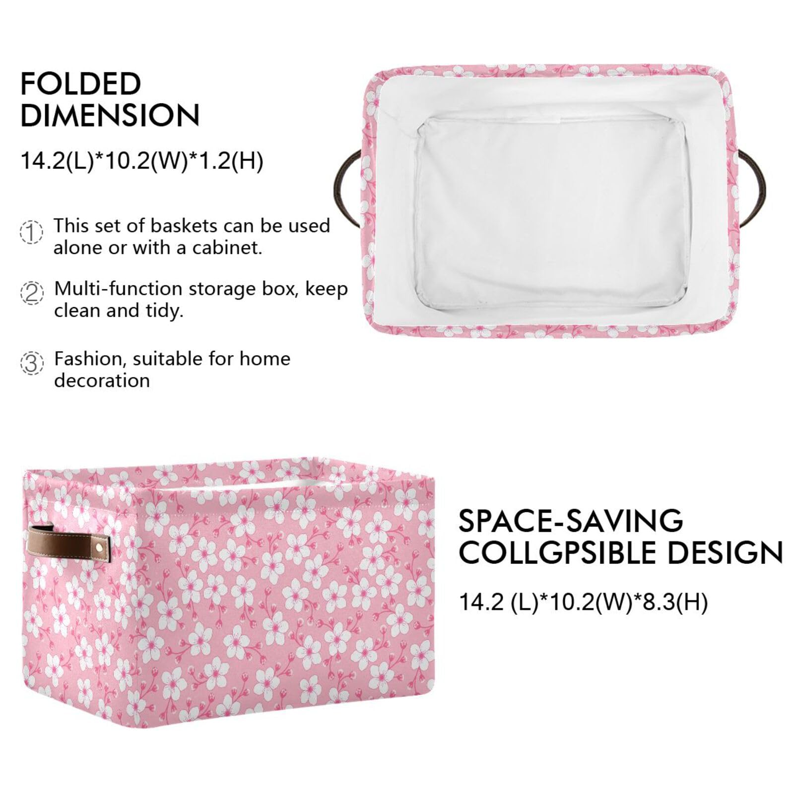 White Pink Cherry Blossom Storage Basket Bins Foldable Laundry Hamper Toy Storage Bins Box Organizer for Bedroom Office Clothes Pet Nursery Living Room,2 pcs