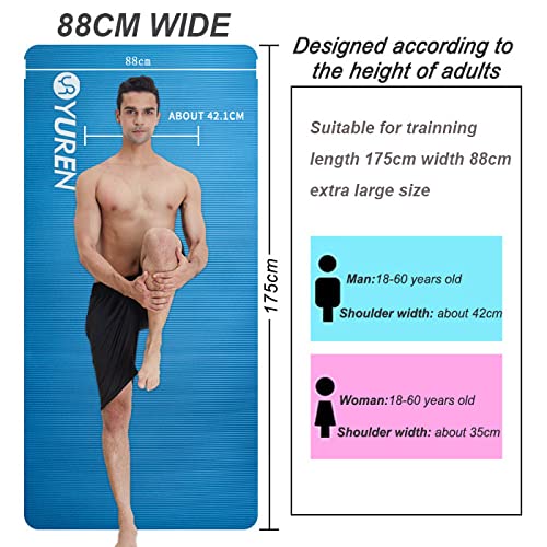 YUREN Large Yoga Mat Extra Wide Workout Mat for Home, 72"x35"x15mm Thick Yoga Mat for Men, High Density Gym Mat with Carrying Strap - Blue