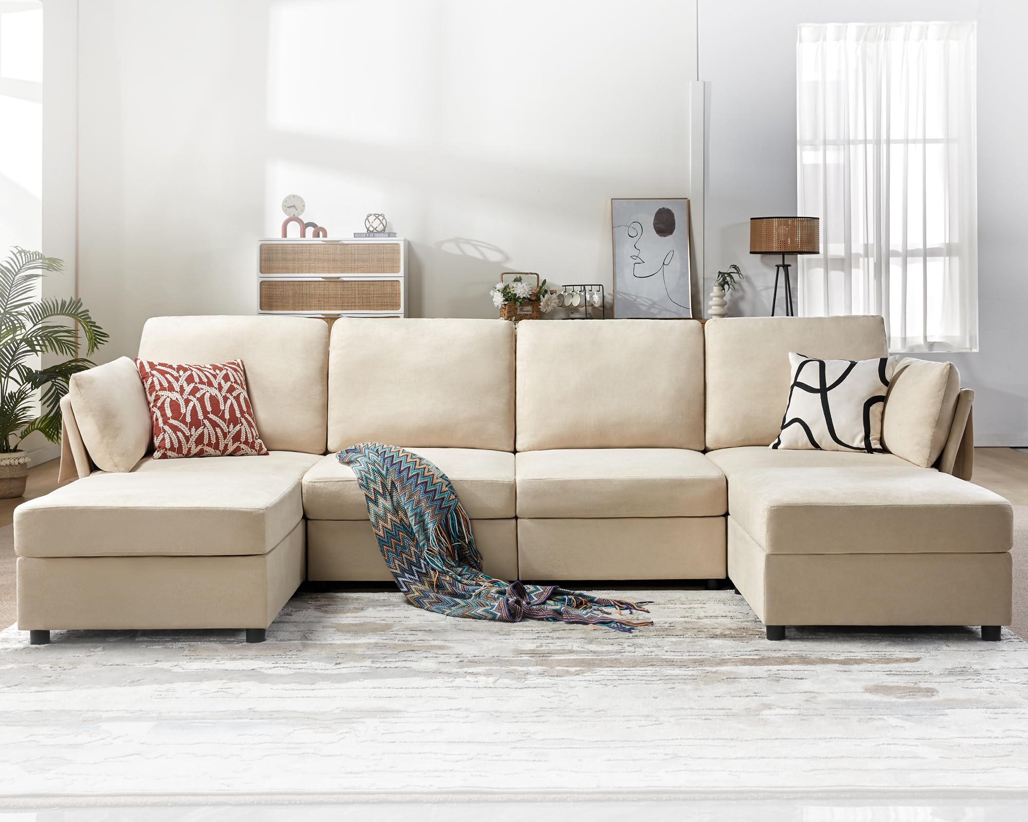 VanAcc Modular Sofa, 124 inch Oversized Sectional Sofa, 6 Seater Modular Sectional Couch with Storage, U shaped Couch for Living room, Beige