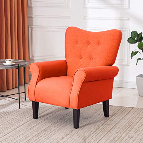 YOLENY Modern Accent Chair,High Back Armchair,Upholstered Fabric Button Single Sofa with Wooden Legs for Living Room,Bedroom,Club,Orange