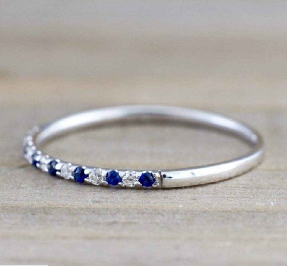 Yaya Women's 2mm 925Silver Blue Sapphire and White CZ Wedding Band Cubic Zirconia Half Eternity Stackable Engagement Anniversary Birthstone Ring Size 6 7 8 9 10 (8 US Code)