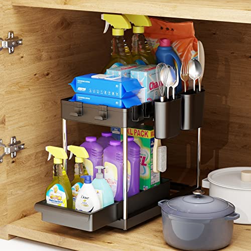 XIBALAGA Under Sink Organizer,2 Tier Under Sink Organizers And Storage For Kitchen Bathroom,Under Sink Cabinet Organizer,Multi-purpose Stable And Sturdy Countertop Organizer (black one sliding)
