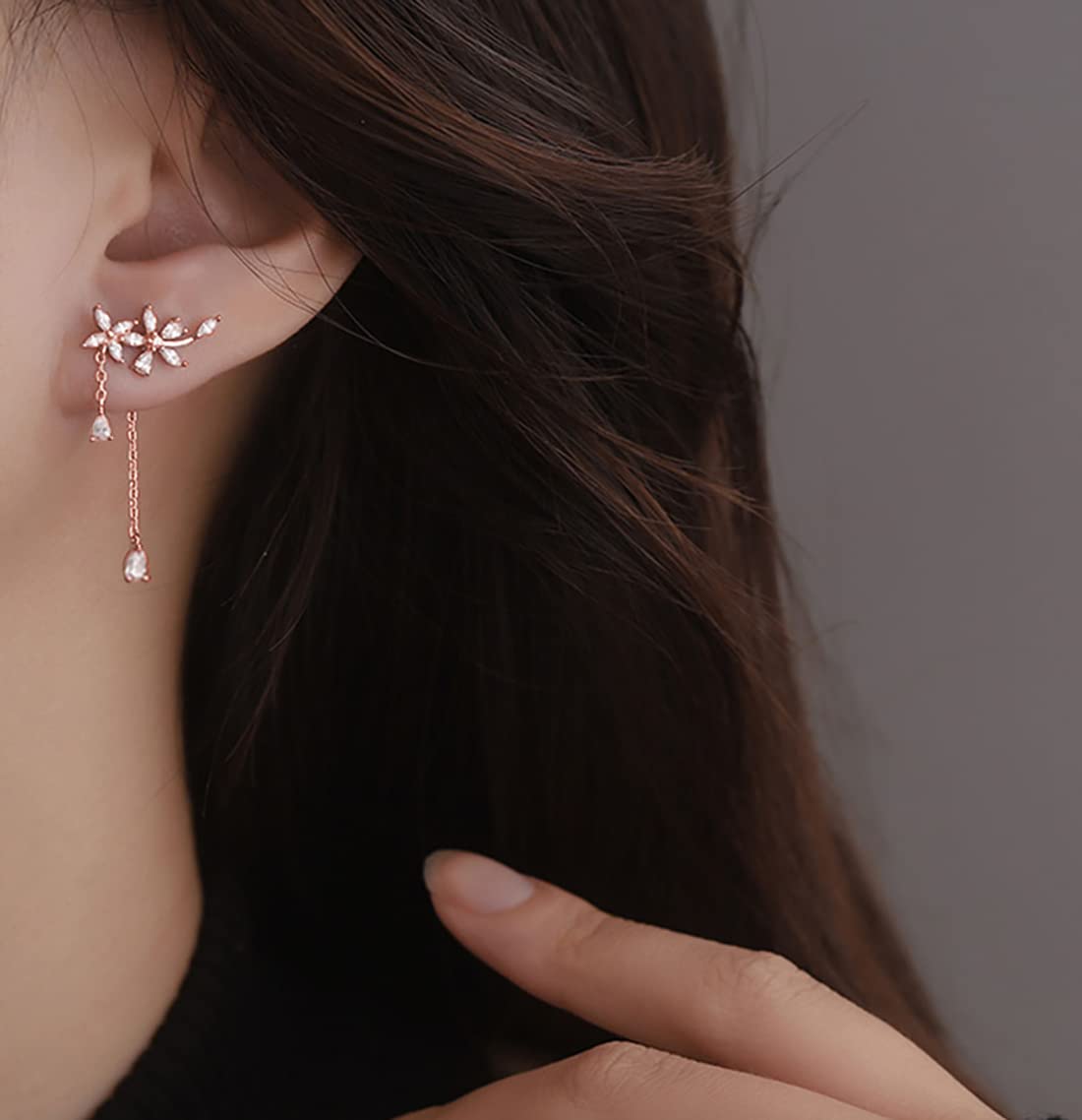 SLUYNZ 925 Sterling Silver Flower Dangle Earrings for Women CZ Wedding Earrings Crawler Earrings Wrap Earrings Elegant Bridal Earrings(B-Rose Gold)