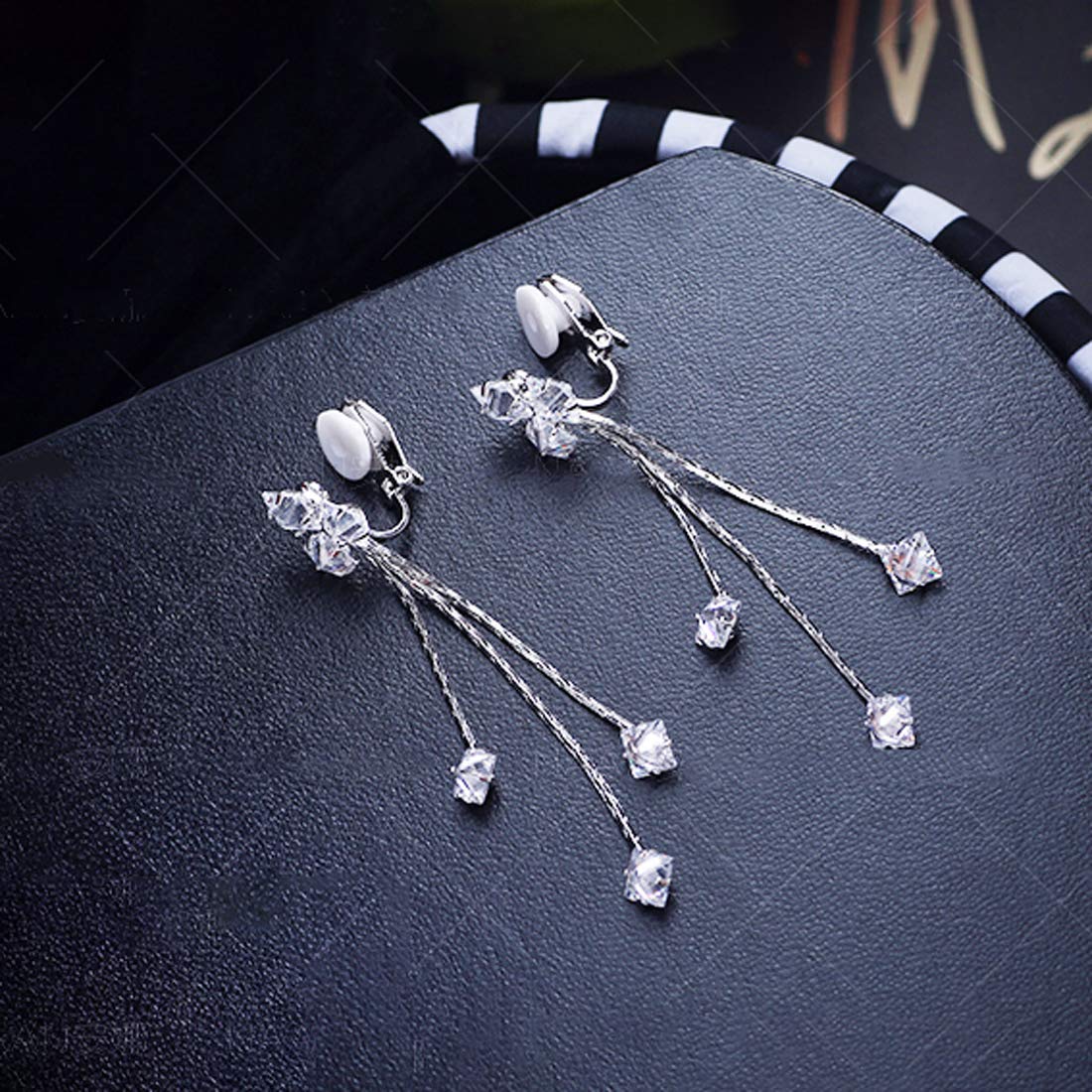 YOQUCOL Women Cubic Zirconia Crystal Long Drop Dangle Clip On Earrings For Not Pierced Women