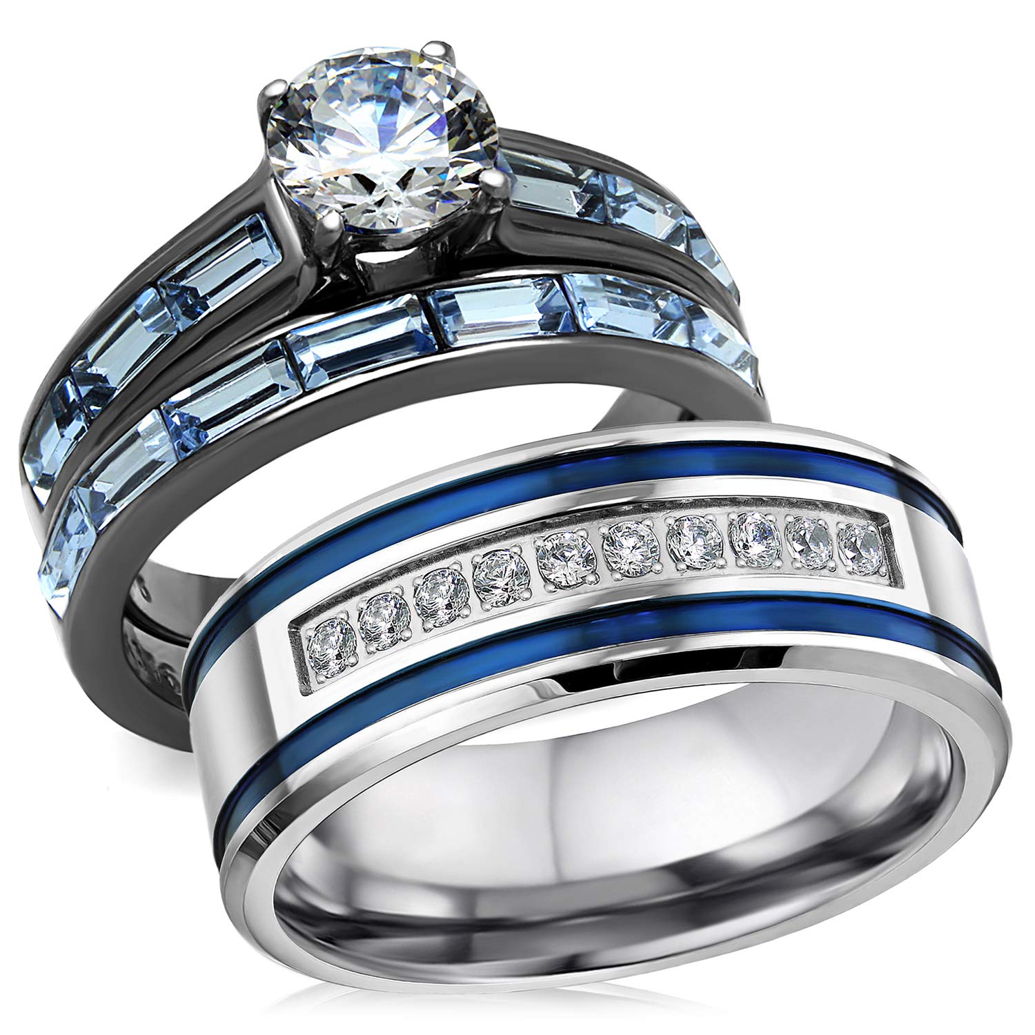 Romantic Blue Wedding Rings Set for Him and Her 3 pcs Stainless Steel CZ Men and Women Couples Rings (Women's Size 08 & Men's Size 12)