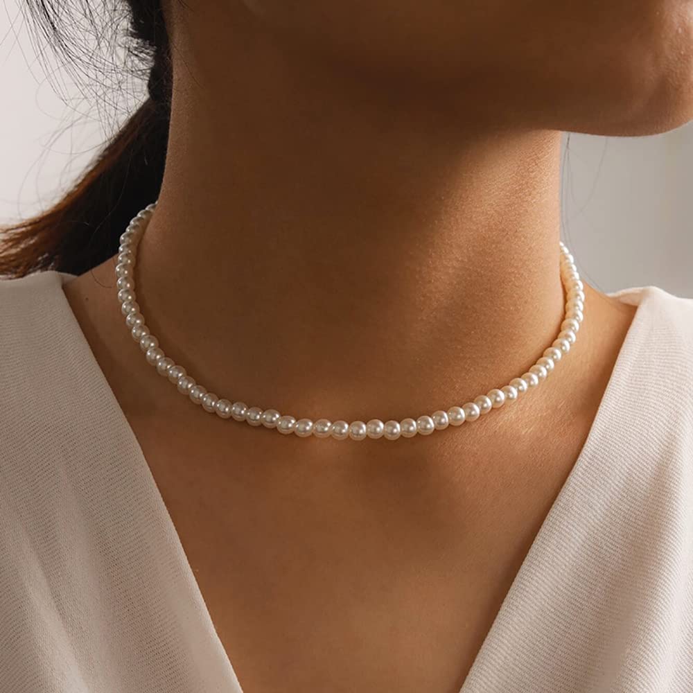 YorzAhar Round Imitation Pearl Necklace Wedding Pearl Necklace for Brides White