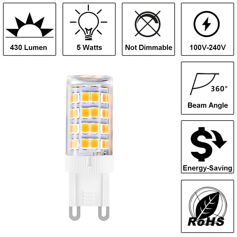 Yosenmi G9 LED Light Bulbs, 5W (40W Halogen Equivalent), 100V-240V, 430LM, Daylight White 6000K, G9 Base Non-Dimmable Light Bulbs for Home Lighting,12-Pack