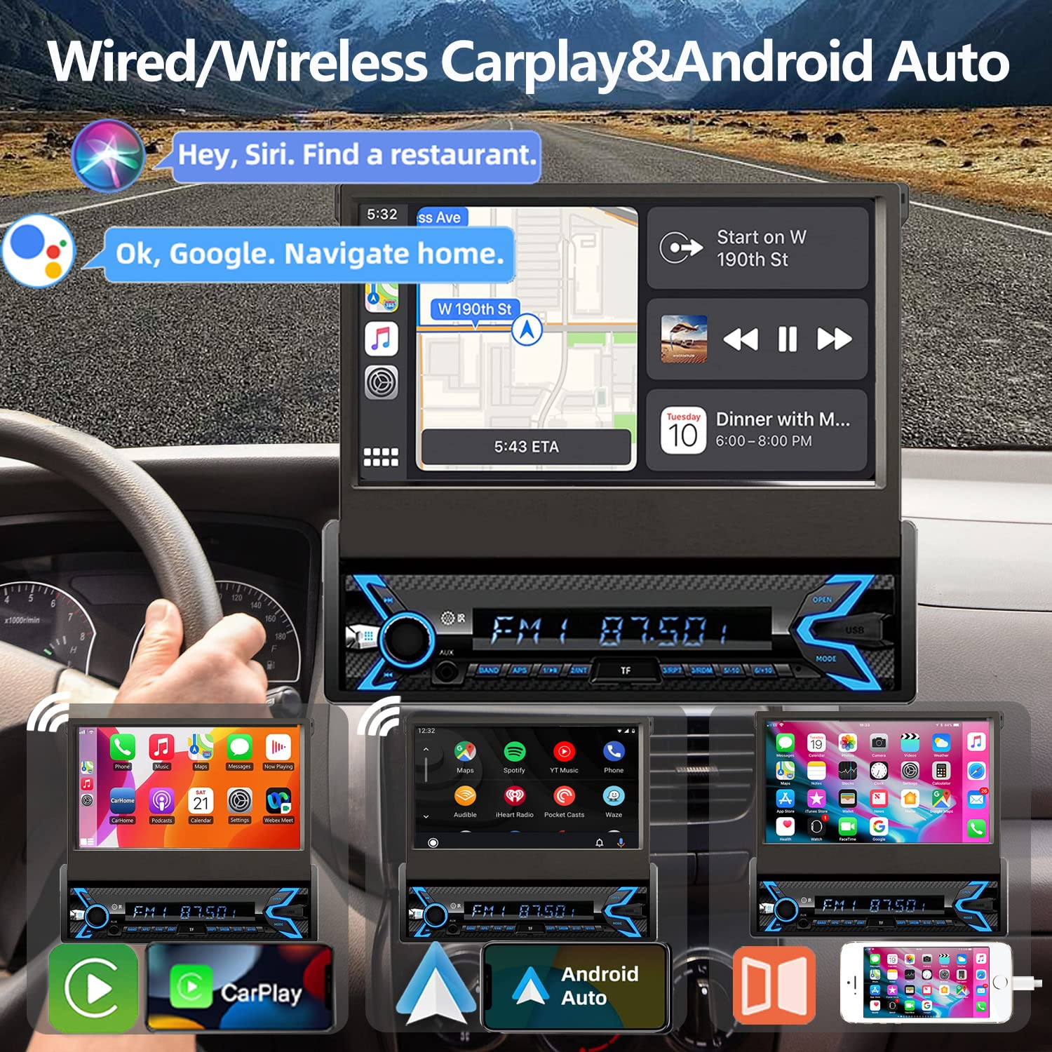 Wireless Carplay Single Din Touchscreen Car Stereo with Wireless Android Auto, 7 Inch Flip Out Screen Car Radio with Bluetooth, Flip Up Car Audio Receivers with Camera, SWC, FM/USB/AUX/TF/Subwoofer
