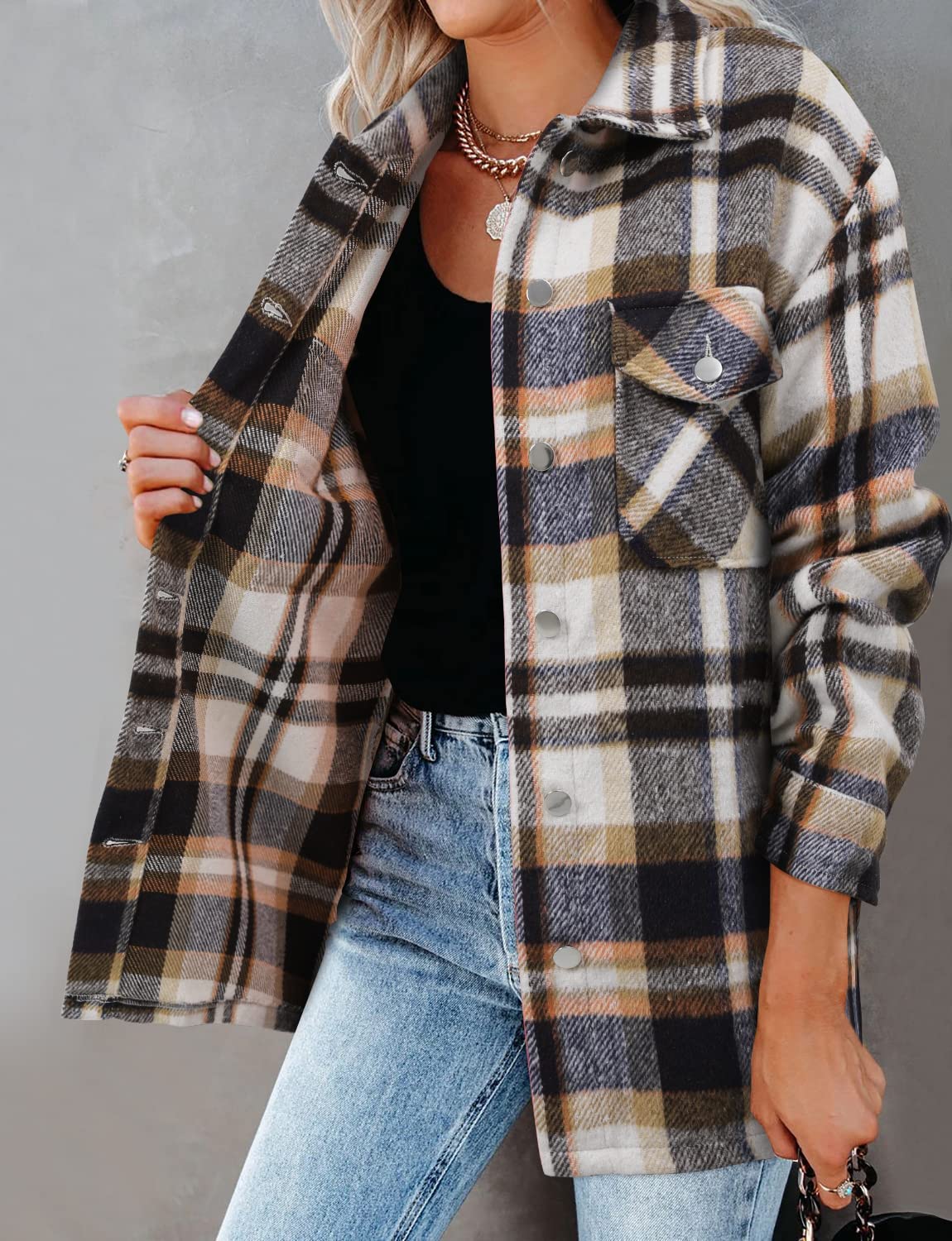 Women Flannel Button Down Shacket Casual Shirt Jacket Long Sleeve Boyfriend Blouses Tops