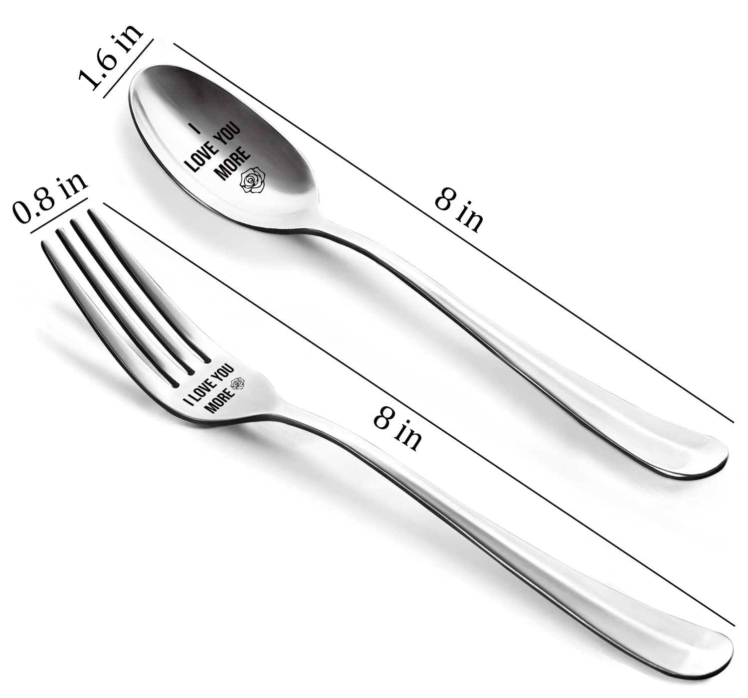 XIKAINUO 2 Pieces I Love You More Engraved Stainless Spoon and Fork, Funny Long Handle Dinner Fork Coffee Spoop with Gift Box, Birthday Valentine Couple Anniversary Spoon Gifts