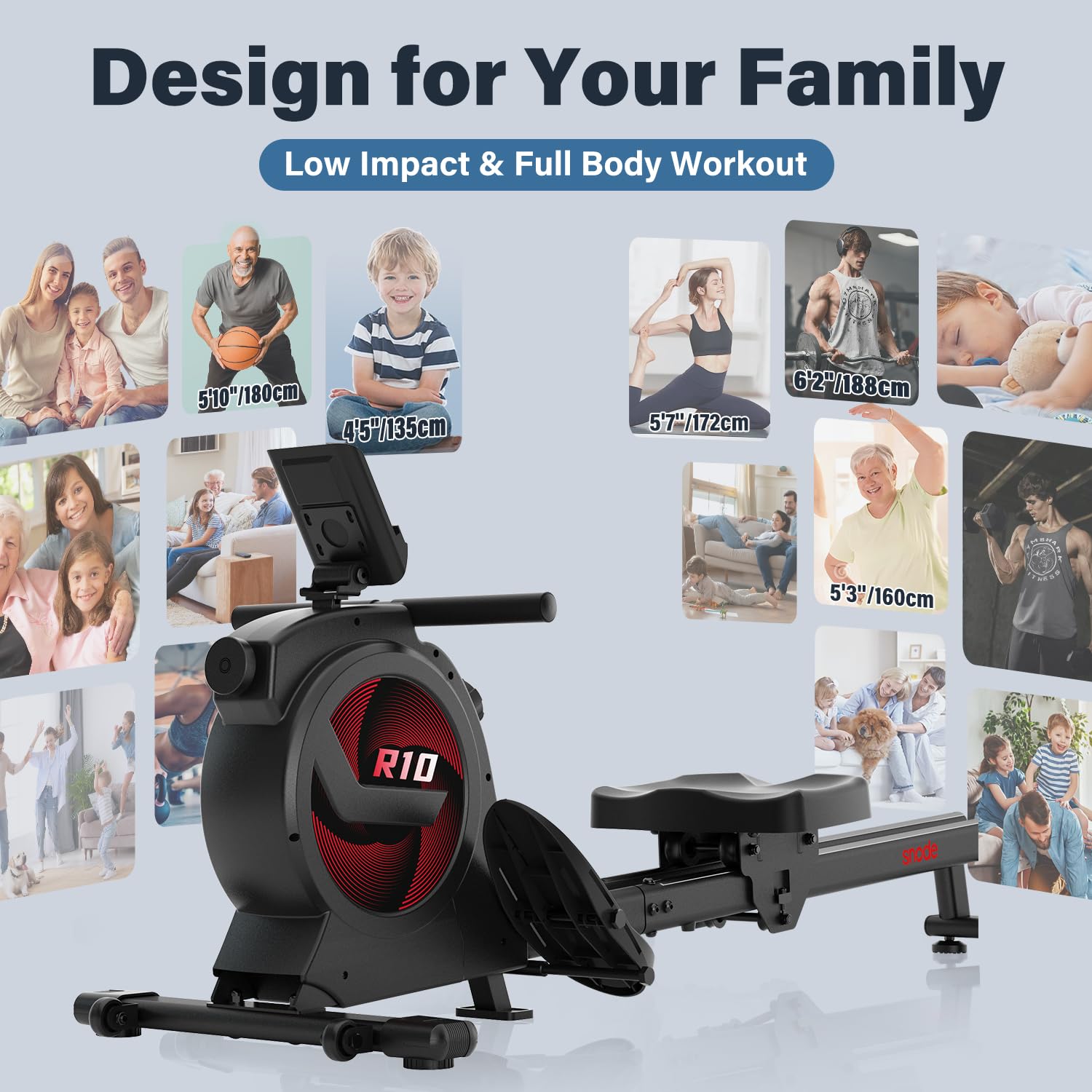 SNODE Rowing Machine for Home Use with 16 Level Resistance, Sturdy Rower Machine with LCD Monitor, Ergonomic Seat, Dual Rail, 350lb Weight Capacity