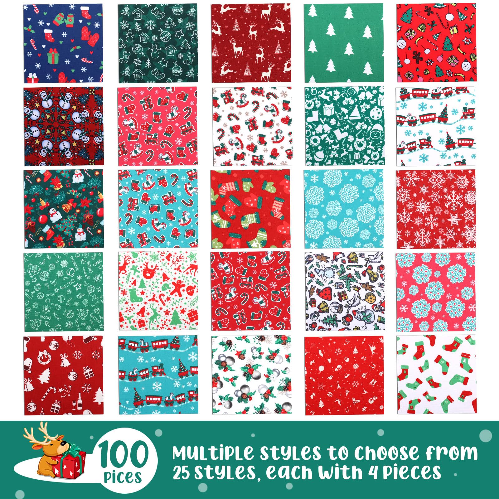 Preboun 100 Pcs 5 x 5 Inches Christmas Fabric Square Quilting Fabric Squares Bundle Sewing 25 Different Christmas Patterns Precut Polyester Patchwork for DIY Christmas Sewing Crafting Supplies