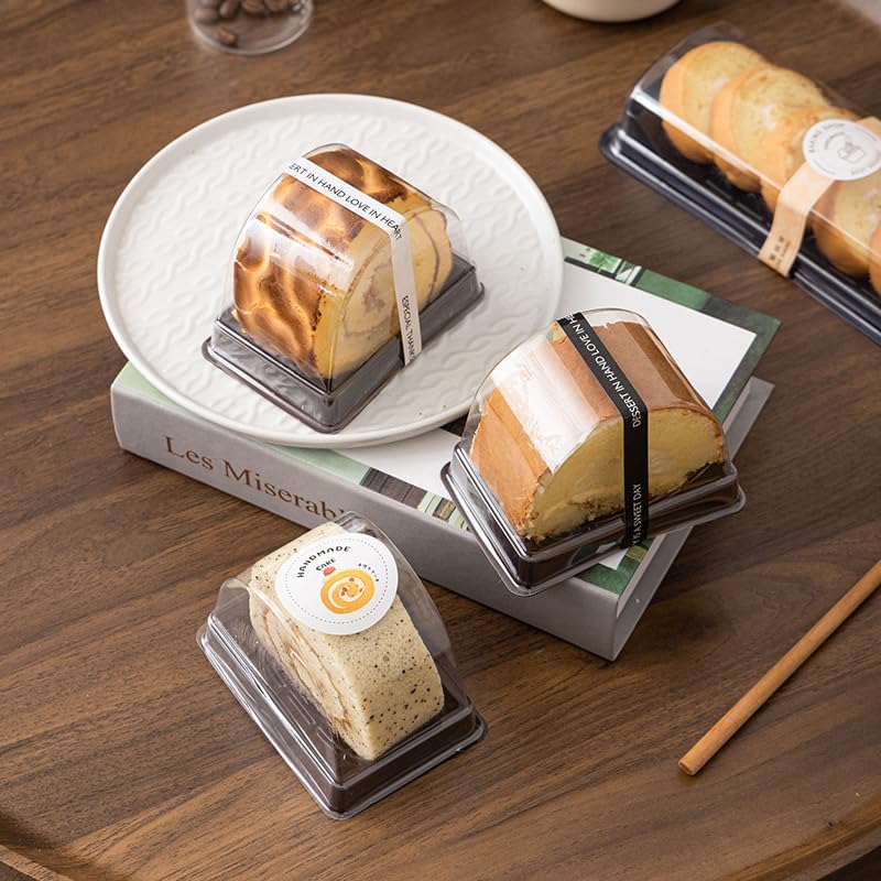 XIZHI 50 Pcs Roll Cake Box Set Single Personal Swiss Roll Container and 50 stickers,Clear Dome Plastic Muffin Cheese Pastry Dessert Sushi Fruits Display Food Storage Holder,Brown