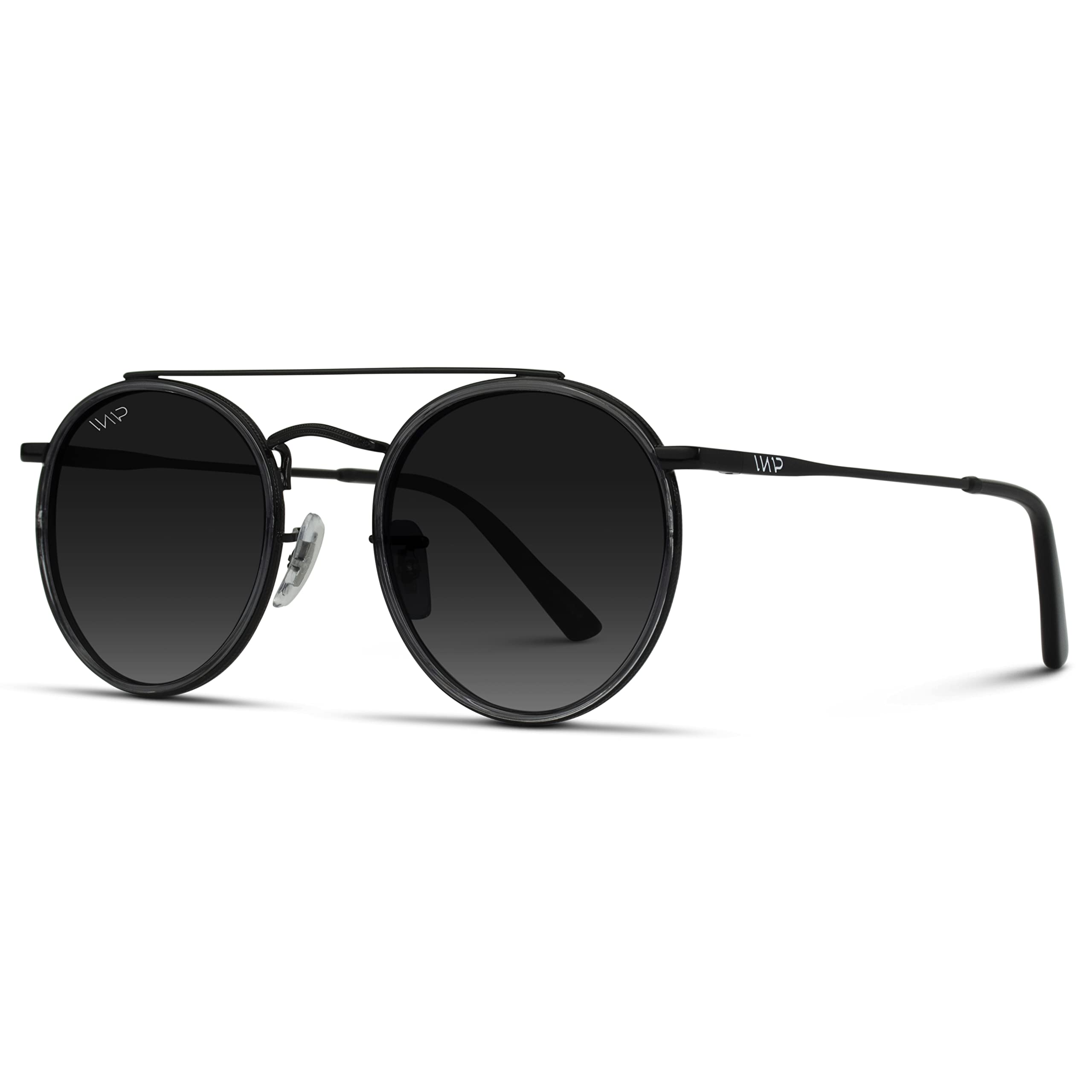 WearMe Pro - Round Double Bridge Polarized Modern Retro Sunglasses (Black Frame/Black Lens, 53)