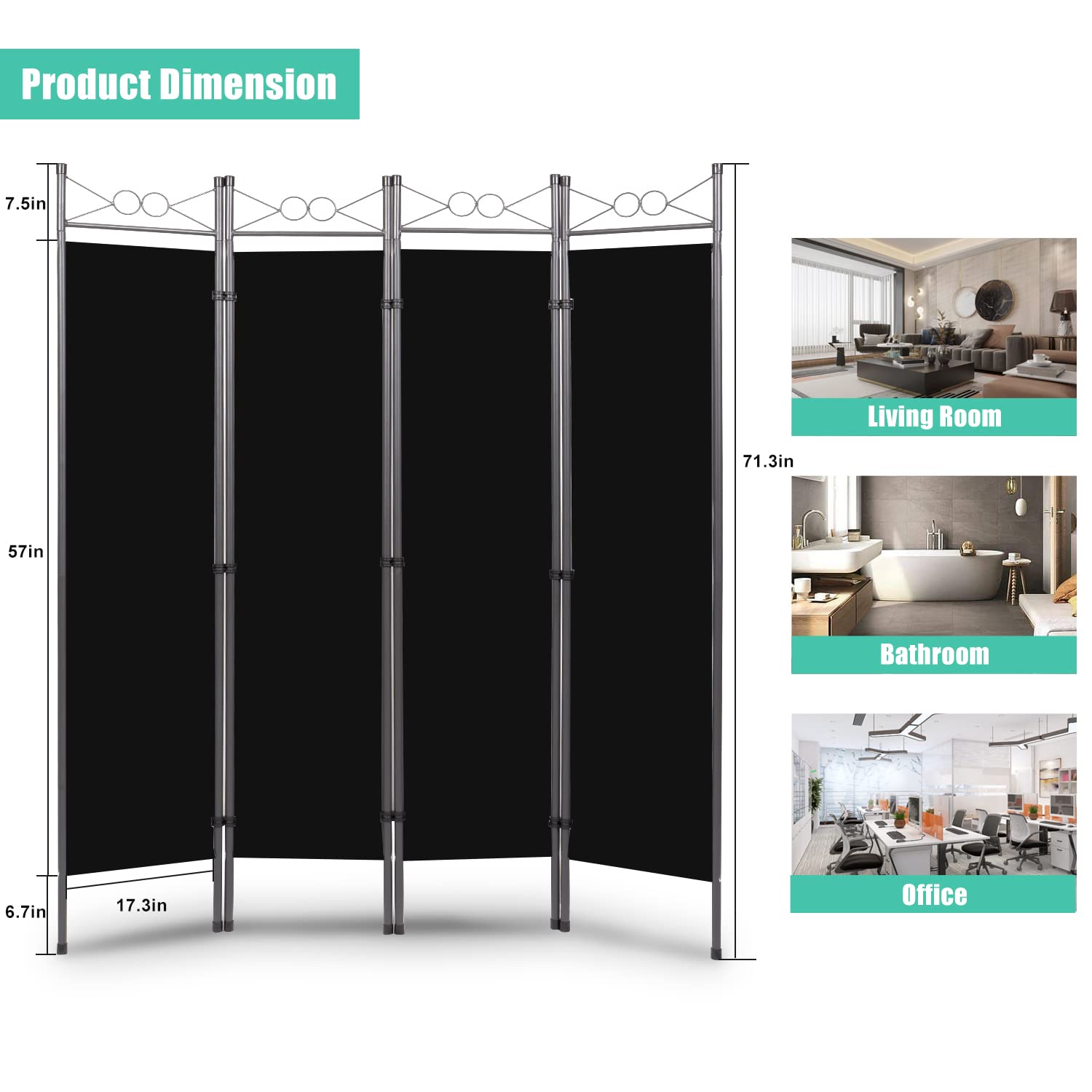 Room Divider 4 Panel Tall Room Dividers and Folding Privacy Screens, 6 Ft Indoor Divider Room Fabric Panel W/Matel Frame, Freestanding Wall Divider Screen Partition Room Dividers for Bedroom Office
