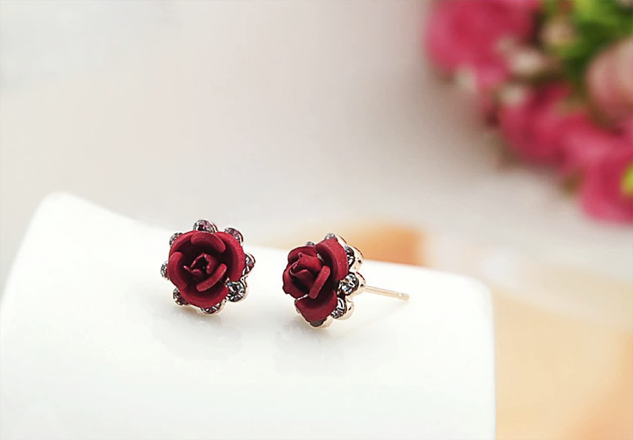 Rose Gold Plated Simple Red Rose Stud Earrings Fashion Jewelry for Women