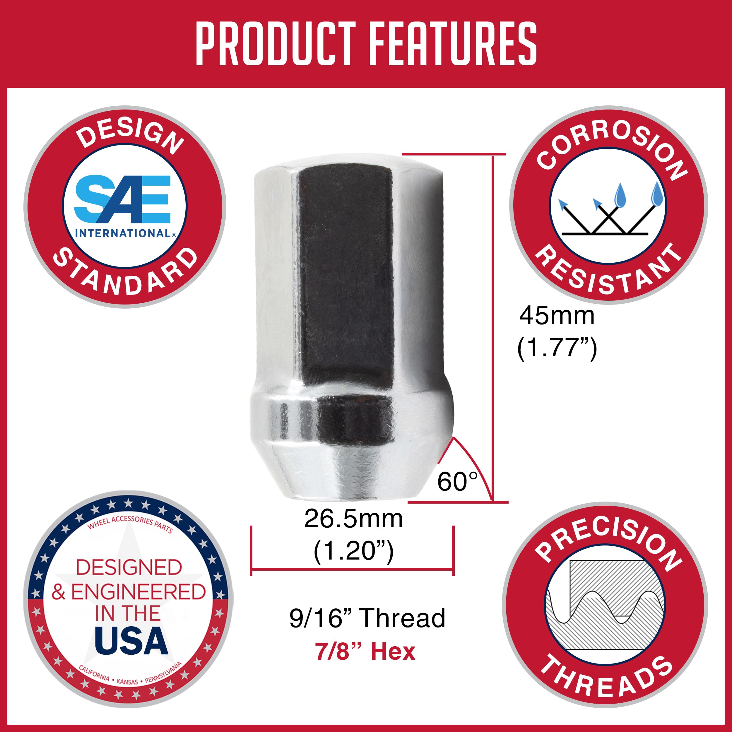 Wheel Accessories Parts 20 Pcs 9/16"-18 OEM Style Lug Nuts 0603-6433AA |611-204 | 1.66" Long Chrome 7/8" Hex Fits Dodge 2009-10 Dakota | 2003-09 Durango | 2002-10 Ram 1500