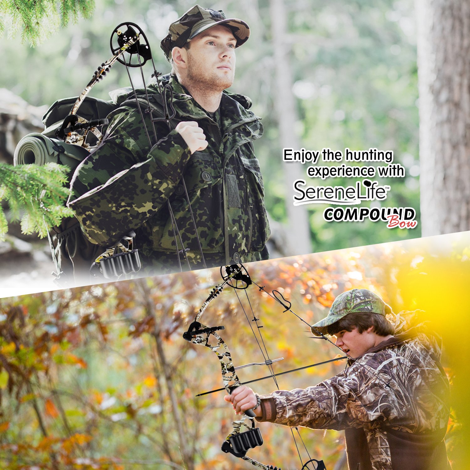 SereneLife Sharp Eye Camouflage Compound Bow-320 FPS Hunting Camo Archery Gear-Fiberglass Limb,Metal Riser,4 String Silencers,30-70lbs Adjustable Draw Weight,23.5β-30.5β Length SLCOMB10.5