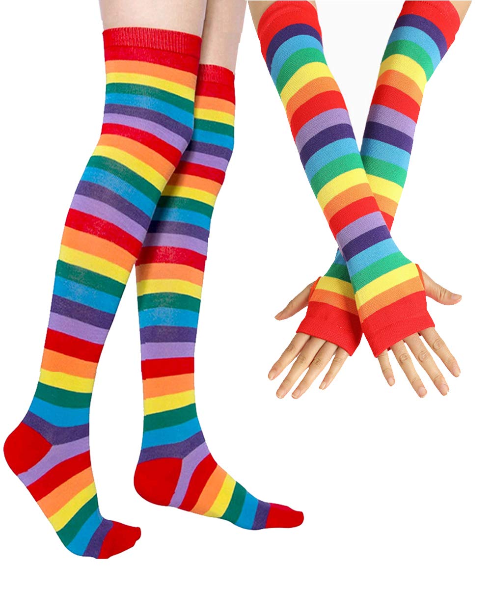 YELAIVP Girl's Stripe Rainbow Thigh High Socks Cosplay Over Knee Stockings Gloves Set Arm Leg Warmers for Women