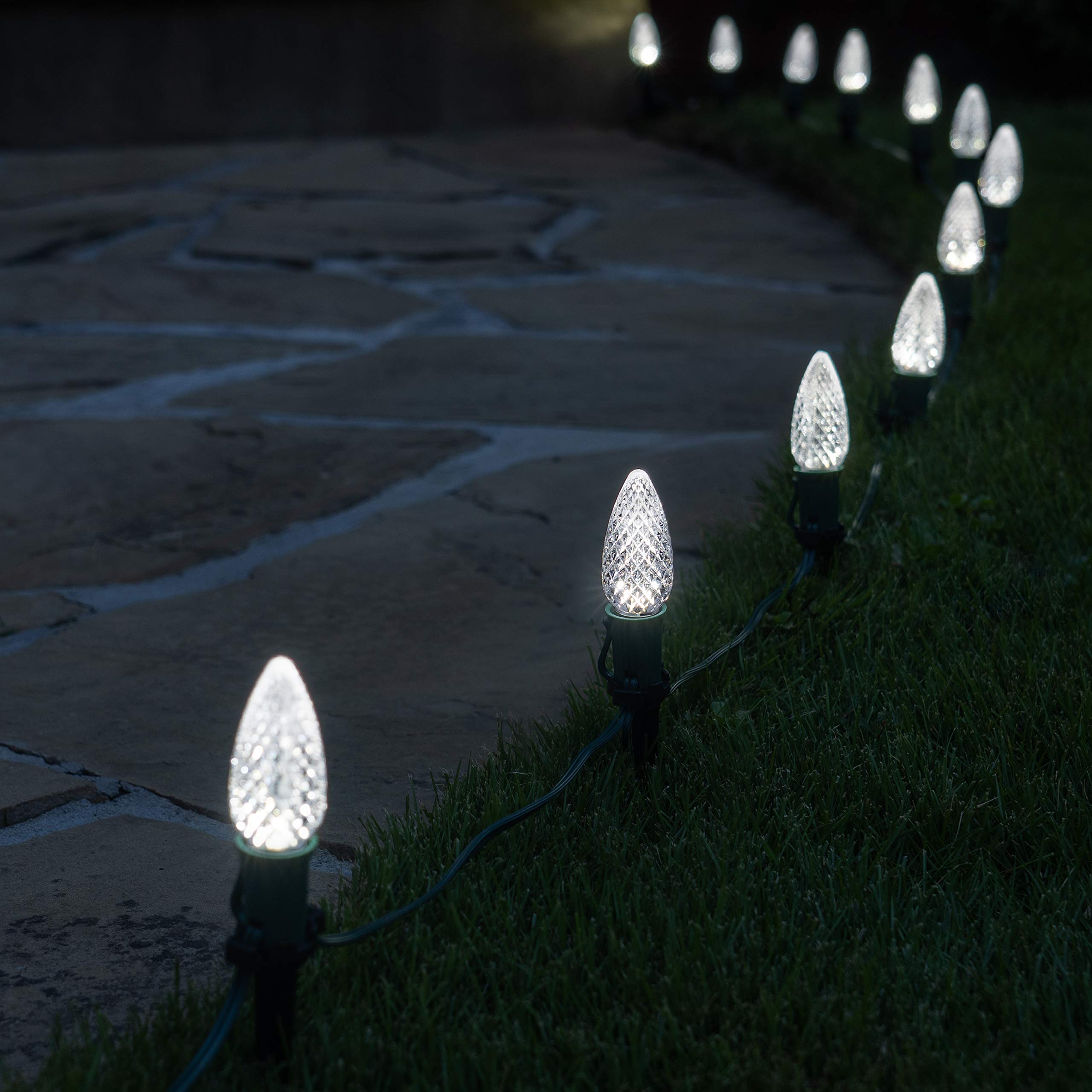 Wintergreen Lighting 25’ OptiCore LED Cool White Pathway Christmas Lights, C9 Outdoor White Christmas Lights, 4.5” Stakes, Green Wire Plug String Lights
