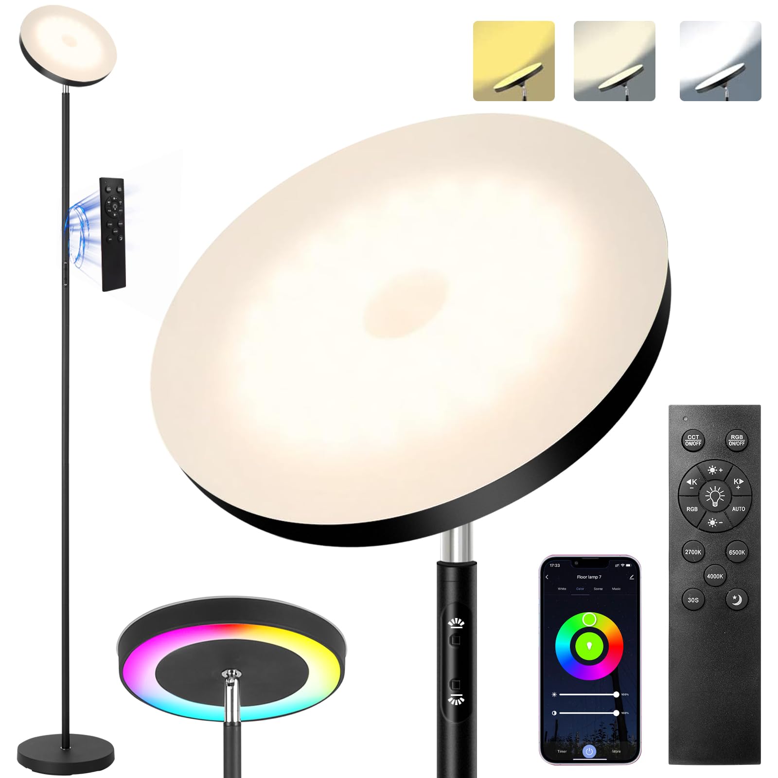 YOPSTAR Double-Sided LED Floor Lamp, Dimmable Bright Modern Tall Standing RGB Lamp, 4 Color Temperatures Torchiere Sky Lamp with Remote Smart App & Touch Control for Living Room, Bedroom, Office