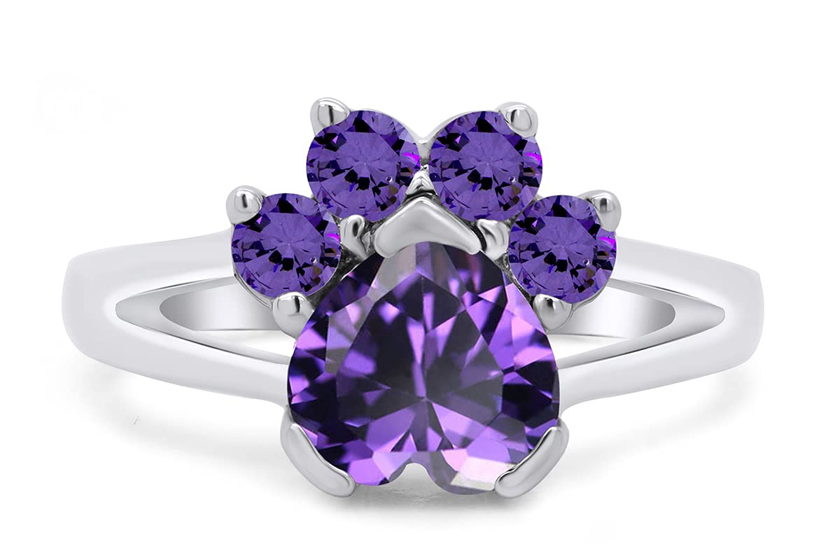 Wishrocks Heart & Round Cut Simulated Amethyst Paw Print Ring Jewelry For Women In 14k White Gold Over Sterling Silver Ring Size- 14
