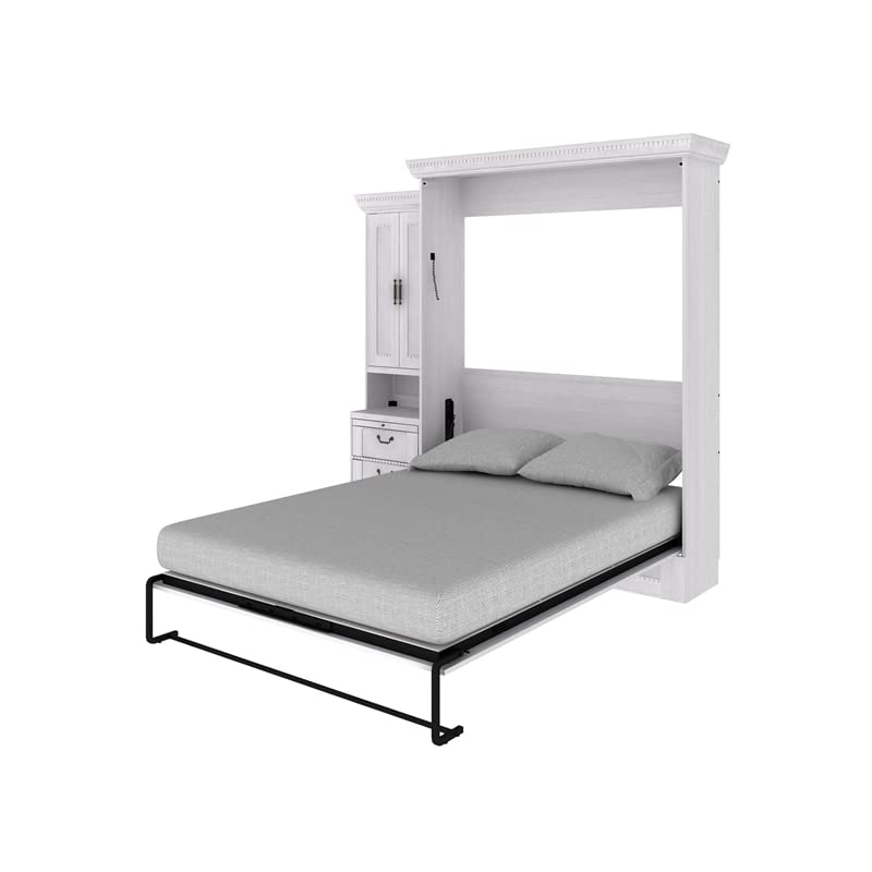 RoomAndLoft Imperial Queen Solid Wood Murphy Wall Bed and Shelf Storage with Drawers in White