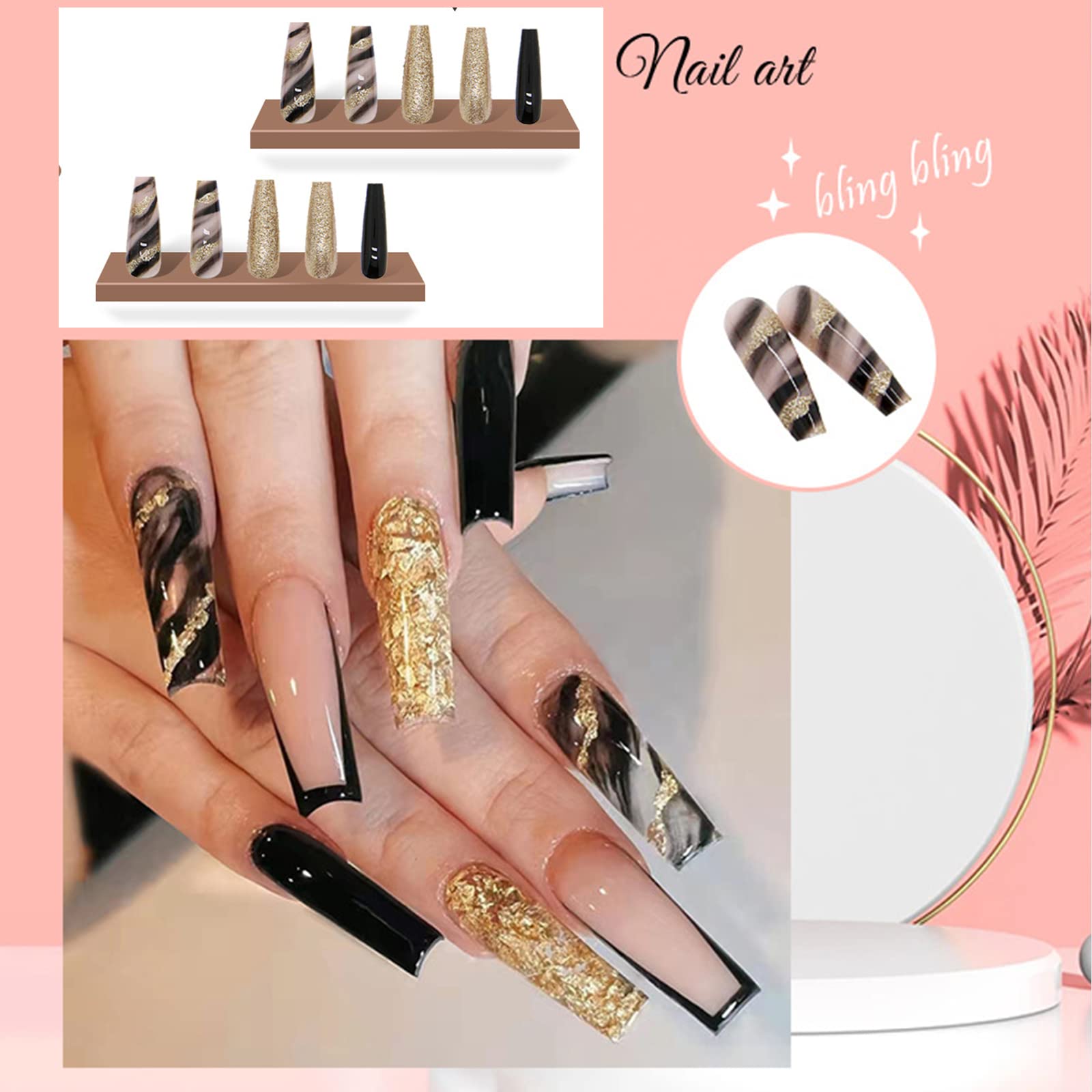 YOSOMK French Tip Press on Nails Long with Designs Black and Gold False Fake Nails Press On Coffin Artificial Nails for Women Stick on Nails With Glue on Static nails