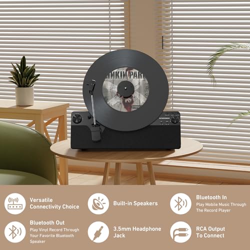 Vertical Automatic Record Player Bluetooth, MYKESONIC Belt Drive Vinyl Turntable, Magnetic AT-3600L Cartridge, Bluetooth in & Out, Hi-Fi Stereo Speakers, Aux in Headphone, RCA Out, Anti-Resonance