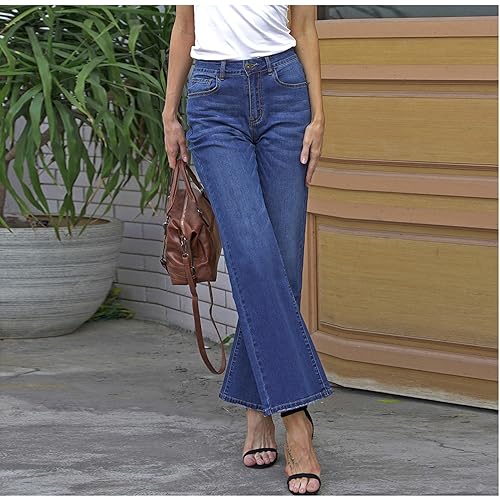 vet-ixioh Womens Bell Bottom Jeans Button Waist Flared Jean Pants Classic Basics Bootcut Denim Pants Slim Trousers Blue