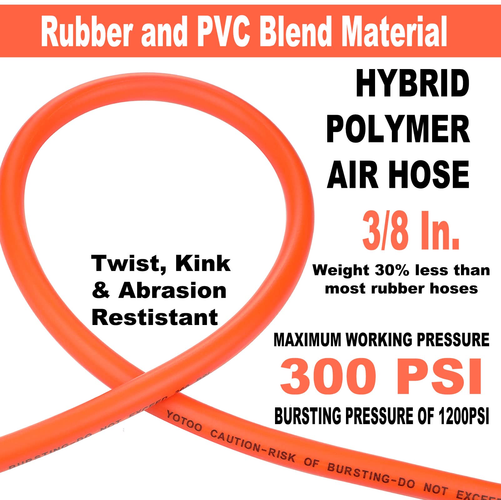 YOTOO Air Hose 3/8 in. x 3 ft, 300 PSI Hybrid Lead-in Air Compressor Hose, Heavy Duty, Lightweight, Kink Resistant, All-Weather Flexibility with 1/4β Quick Coupler Fitting and Bend Restrictors, Orange