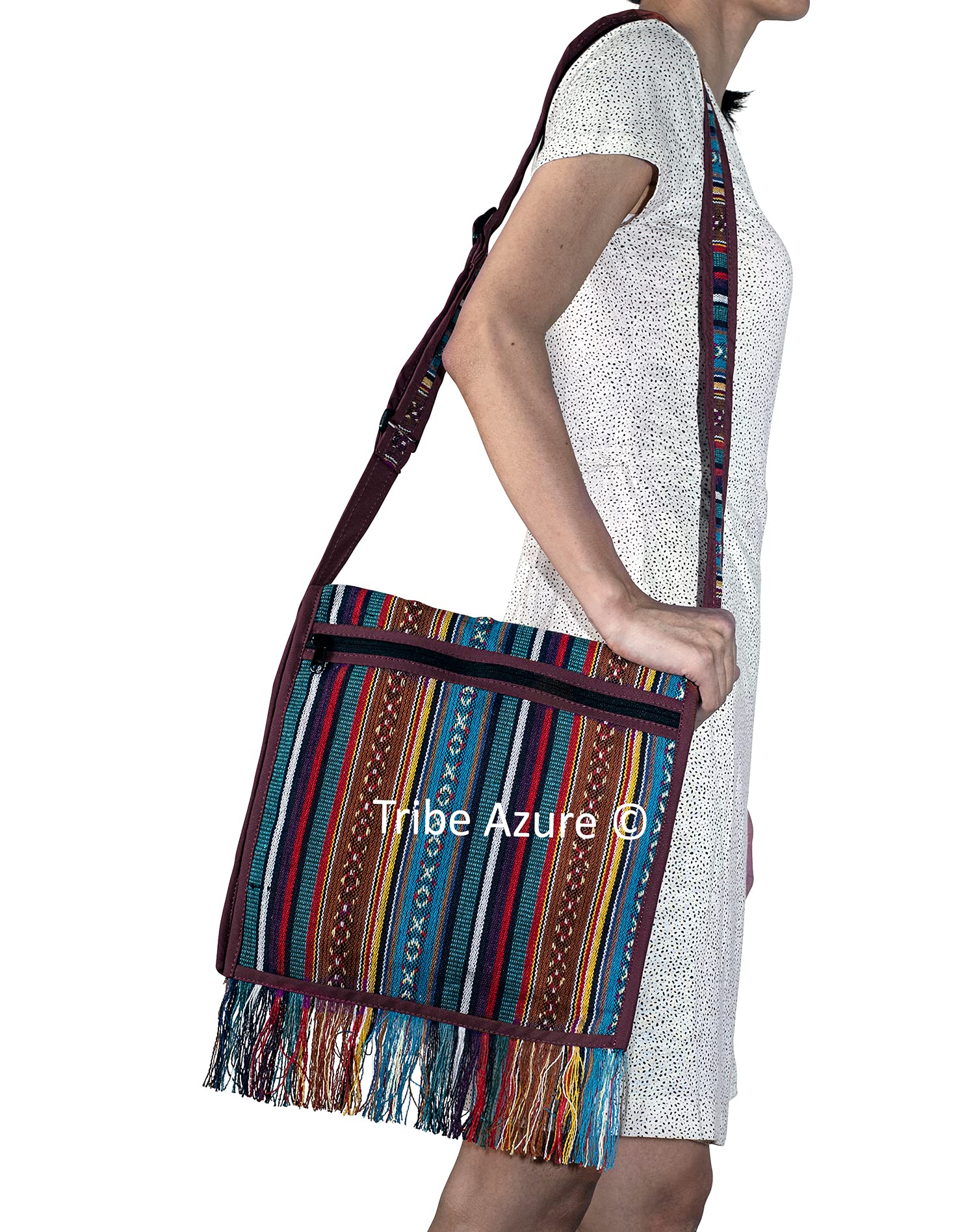 Tribe Azure Woven Adjustable Strap Shoulder Bag Hobo Messenger Women Fashion Handbag Unique Roomy Tassel (Woven Blue)