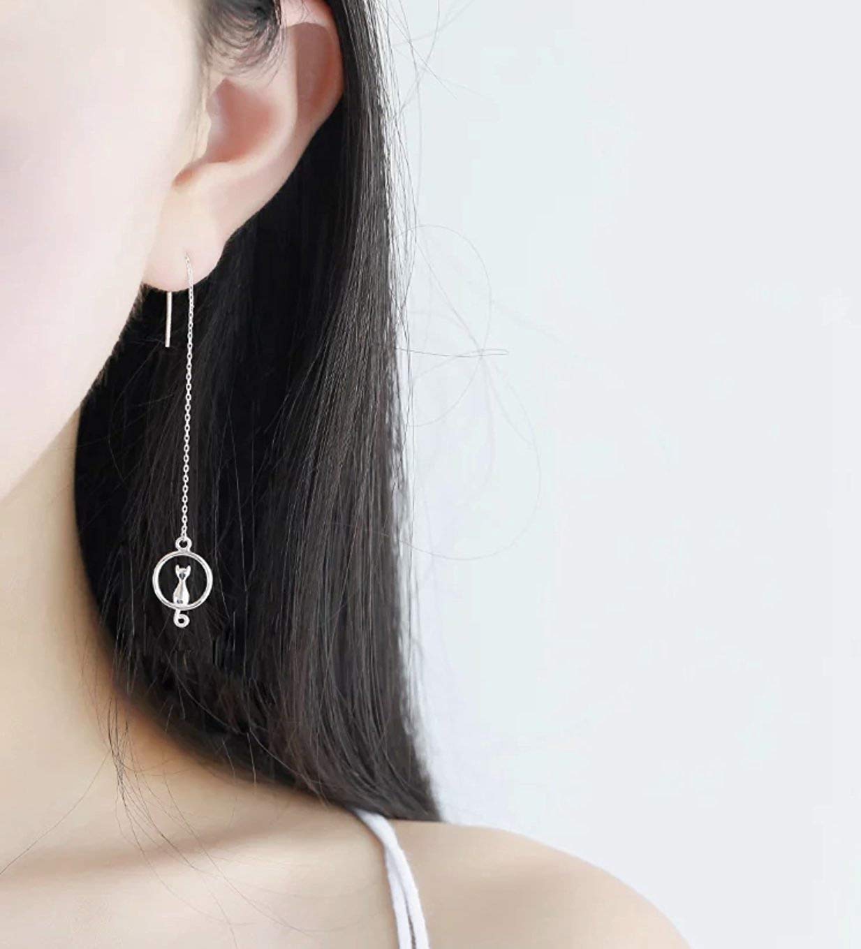 White Gold Plated Long Tassel Chain Sweet Cat on Moon Dangle Drop Threader Earrings for Women