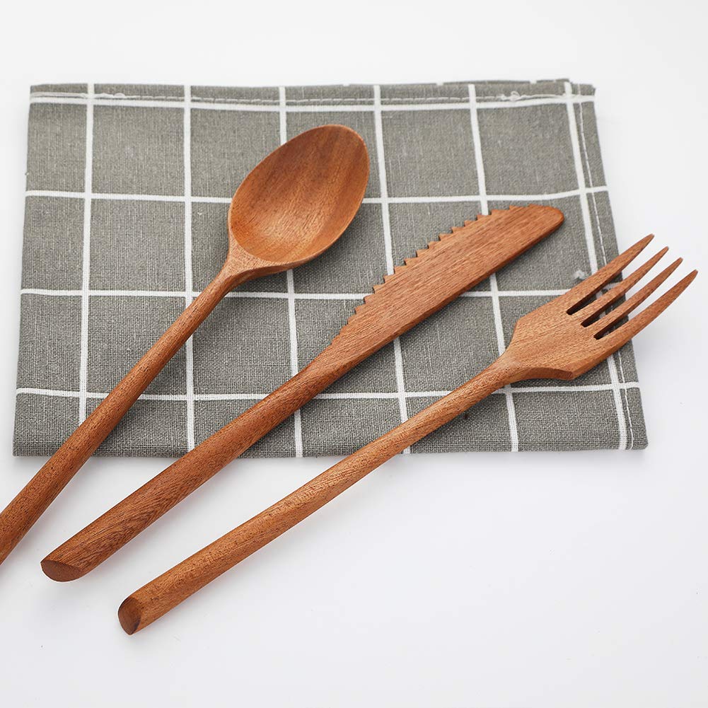 Wood Flatware Sets, Spoons and Forks Set, Reusable Utensils Set,3 Pieces Wooden Spoon Fork Knife Cutlery Set Wooden Dinner Utensil Set, Wooden Kitchen Dinnerware Portable Utensils for Home