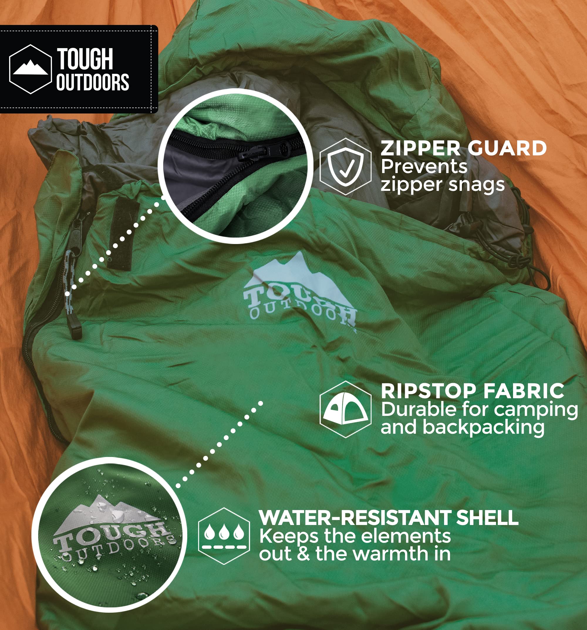 Tough Outdoors Mummy Sleeping Bag - Camping Sleeping Bags for Adults - Compact Sleeping Bag w/Compression Sack - Backpacking Sleeping Bag for Summer, Mild & Winter Weather - Hooded Sleeping Bag