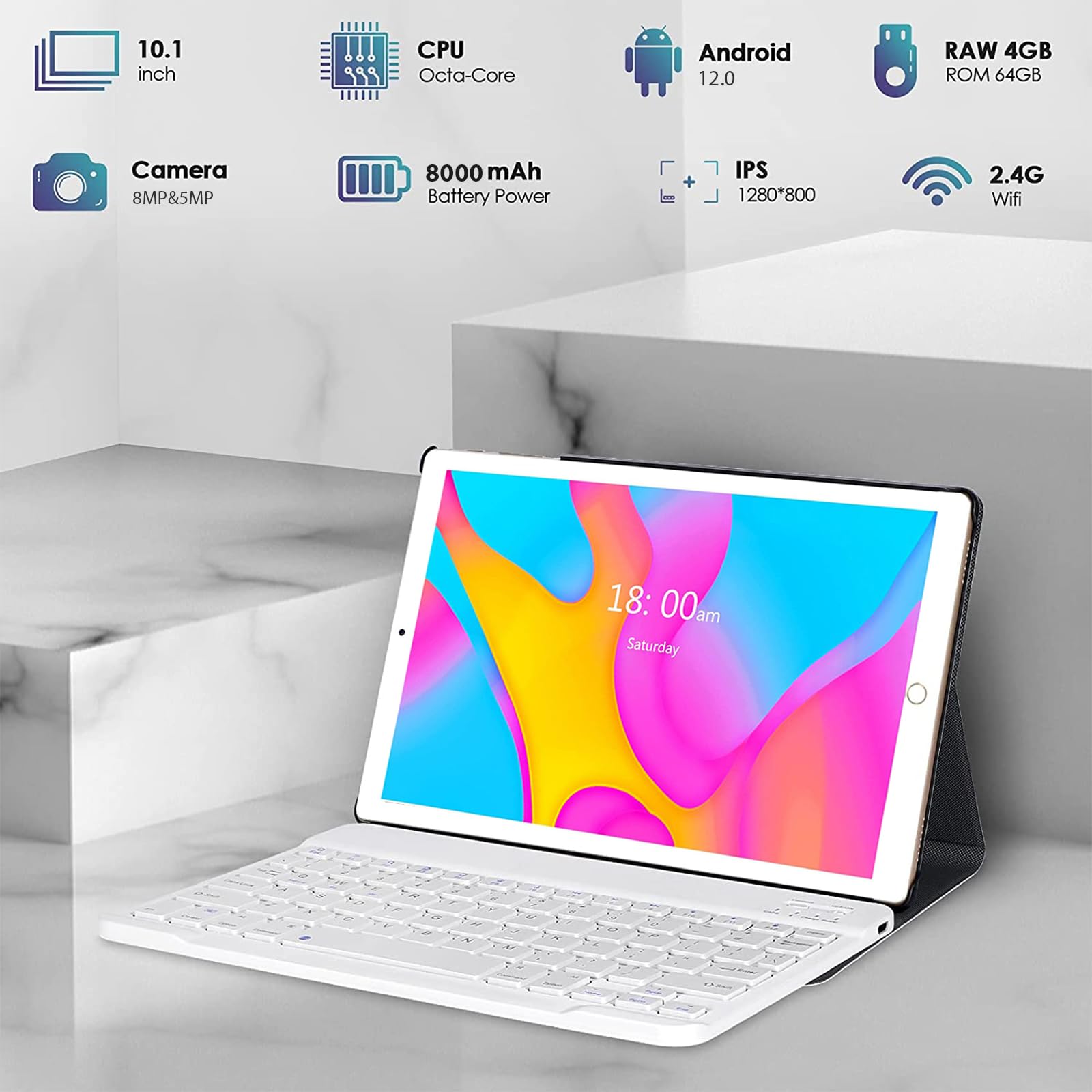 YOTOPT Tablet 10.1 Inch 2 in 1 Android 12 Tablet with Keyboard Case Bundle, Octa-Core Processor, 4GB+64GB ROM 1TB Expand, 8000mAh, WiFi, Bluetooth, GPS, Parent Control Tablets