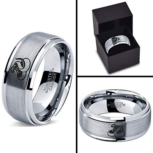 Zealot Jewelry Tungsten Hissing Snake Python Serpent Band Ring 8mm Men Women Comfort Fit Gray Step Bevel Edge Brushed Polished Size 15