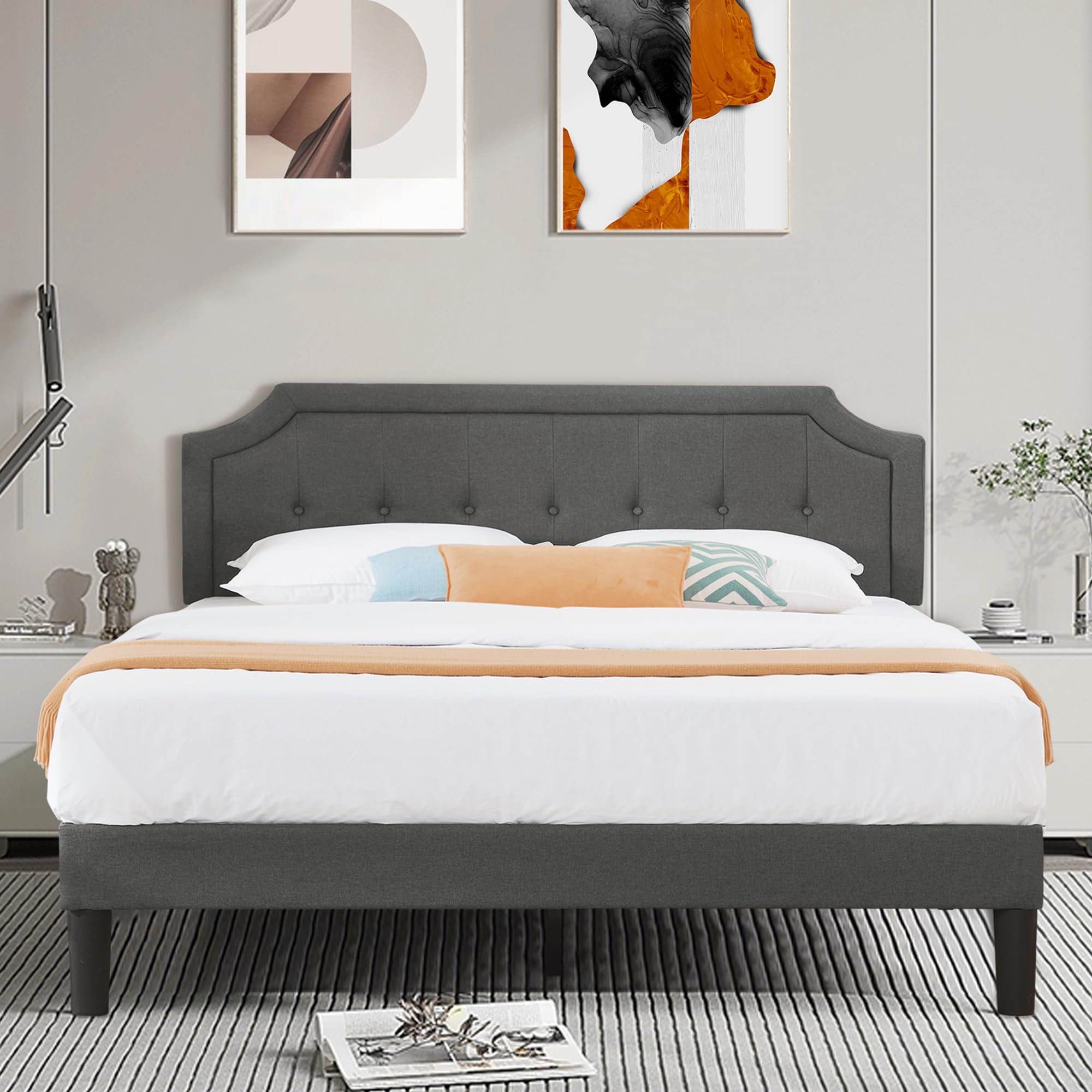 VECELO Upholstered Platform Bed Frame with Adjustable Headboard, Wooden Slats Support, No Box Spring Needed, Modern Style, Full Size