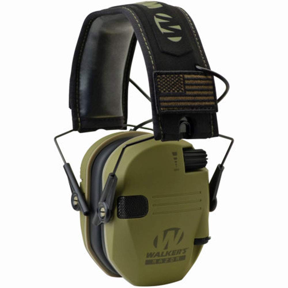 Walker's Razor Slim Shooter Electronic Hunting Folding Hearing Protection Earmuffs with 23dB NRR and Sound Amplification, Green Patriot, 3 Pack