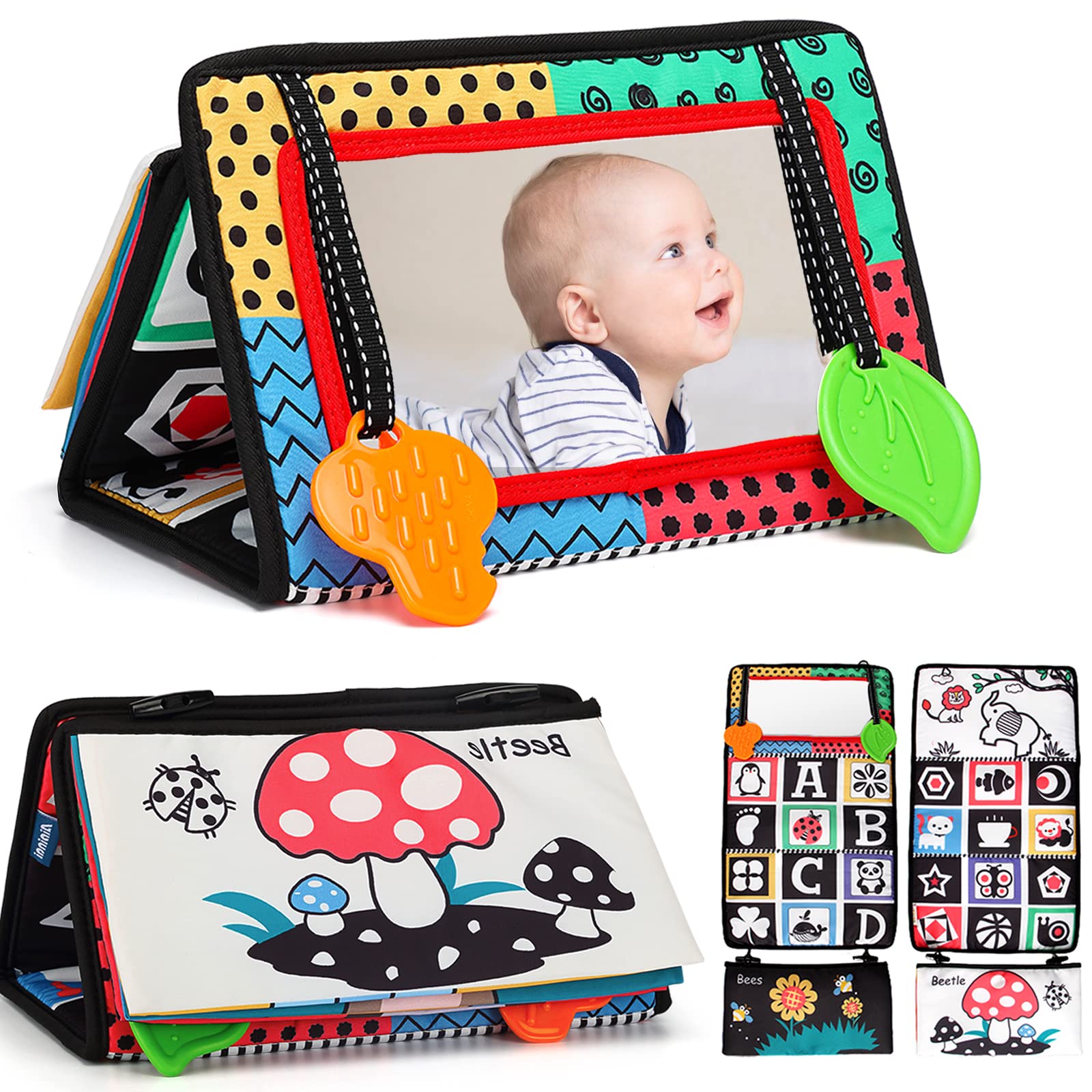 YASEW Tummy Time Mirror, High Contrast Babies Books Toys, 0-6 Month Newborn Practice Look Up, Increase Tummy Interest and Time,Promote Visual Development… (Mushroom)
