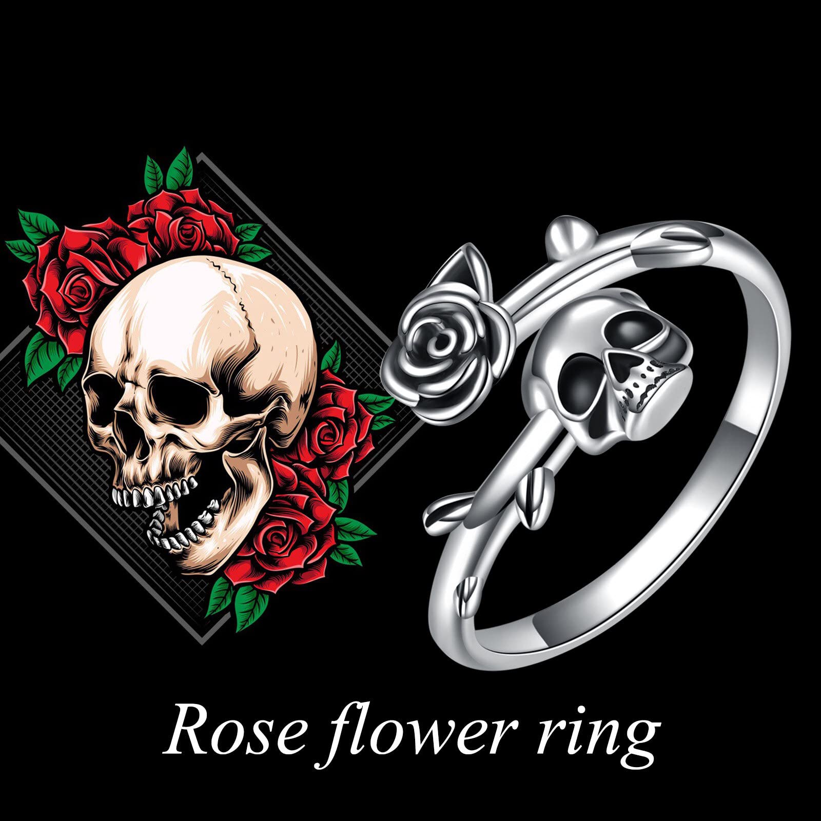 YAFEINI Gothic Skull Ring Open Wrap Rose Flower Skeleton Statement Ring Sterling Silver Retro Vintage Cocktail Party Punk Jewelry for Women Men (10)