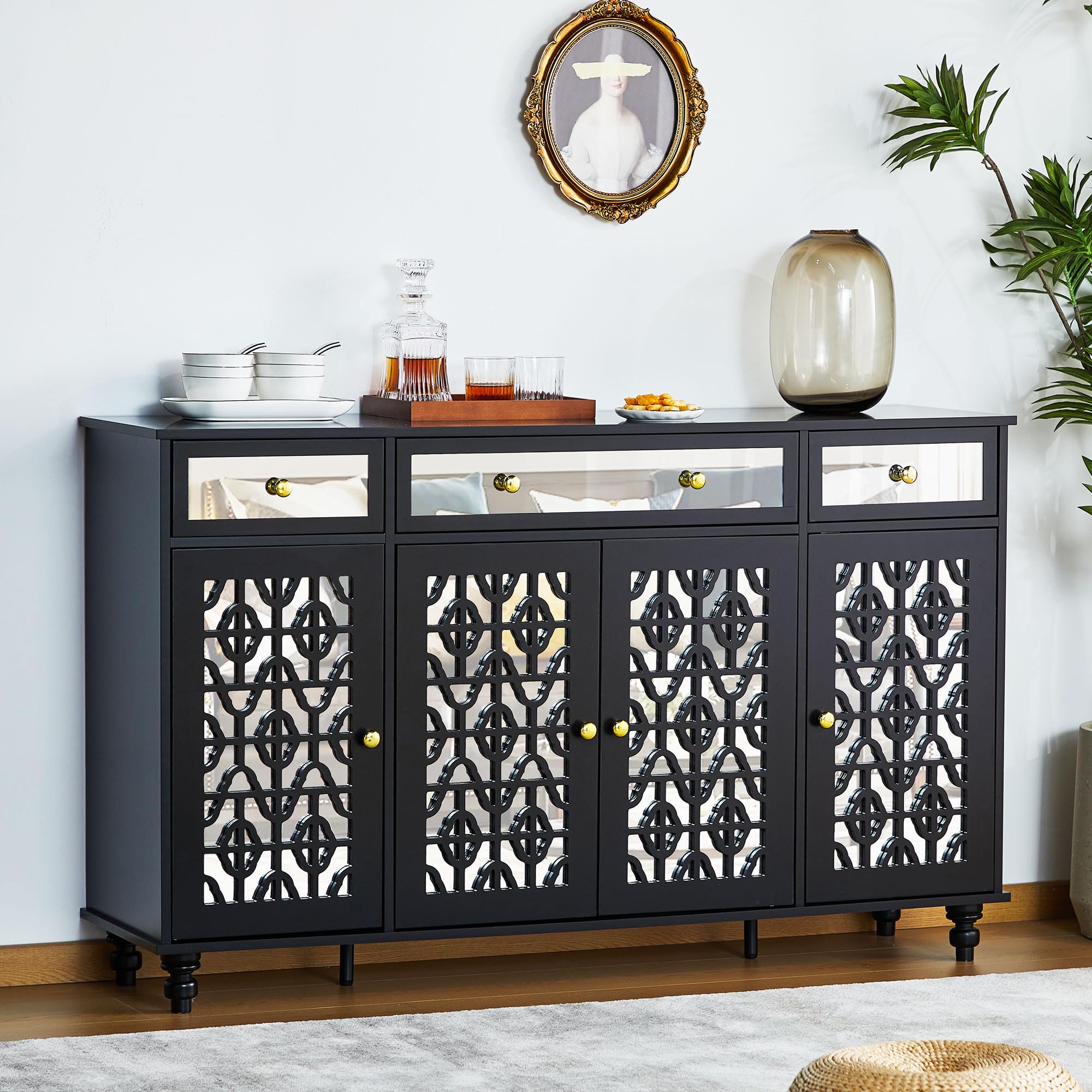 weselon Accent Buffet Sideboard with 4 Mirror Doors, Luxury 3 Drawer Storage Cabinet with Adjustable Shelves, Accent Buffet Cabinet for Living Room