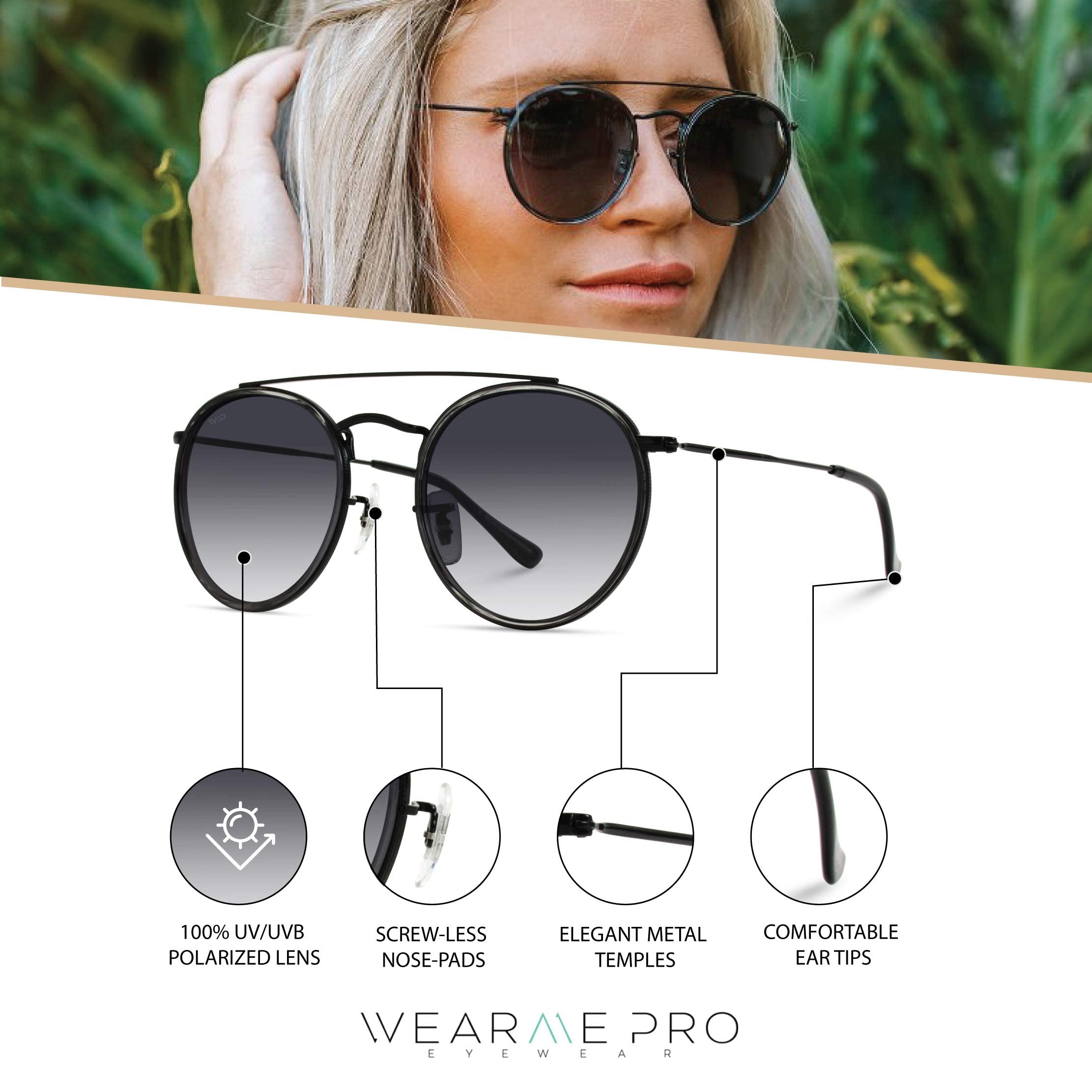 WearMe Pro - Round Double Bridge Polarized Modern Retro Sunglasses (Black Frame/Black Lens, 53)