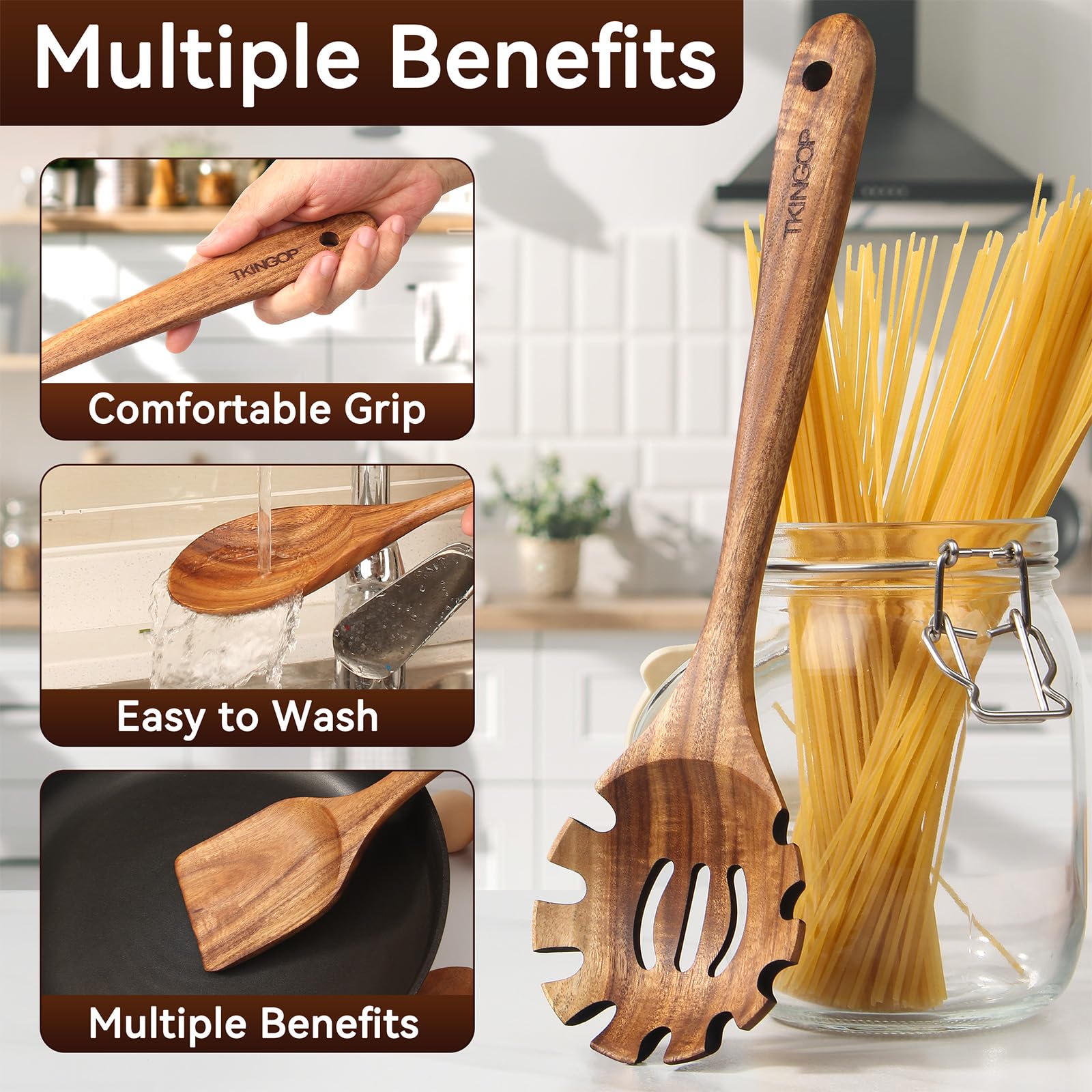 TKINGOP 9PCS Wooden Spoons for Cooking Handmade Natural Teak Wooden Utensils for Cooking with Holder & Spoon Rest Comfortable Grip Kitchen Utensils Set