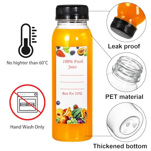 Youeon 24 Pcs 8 Oz Empty Plastic Juice Bottles with Tamper Evident Caps, Reusable Water Bottles, Juice Containers with Labels, Funnel and Brush for Drinks, Juices, Smoothies and Other Beverages