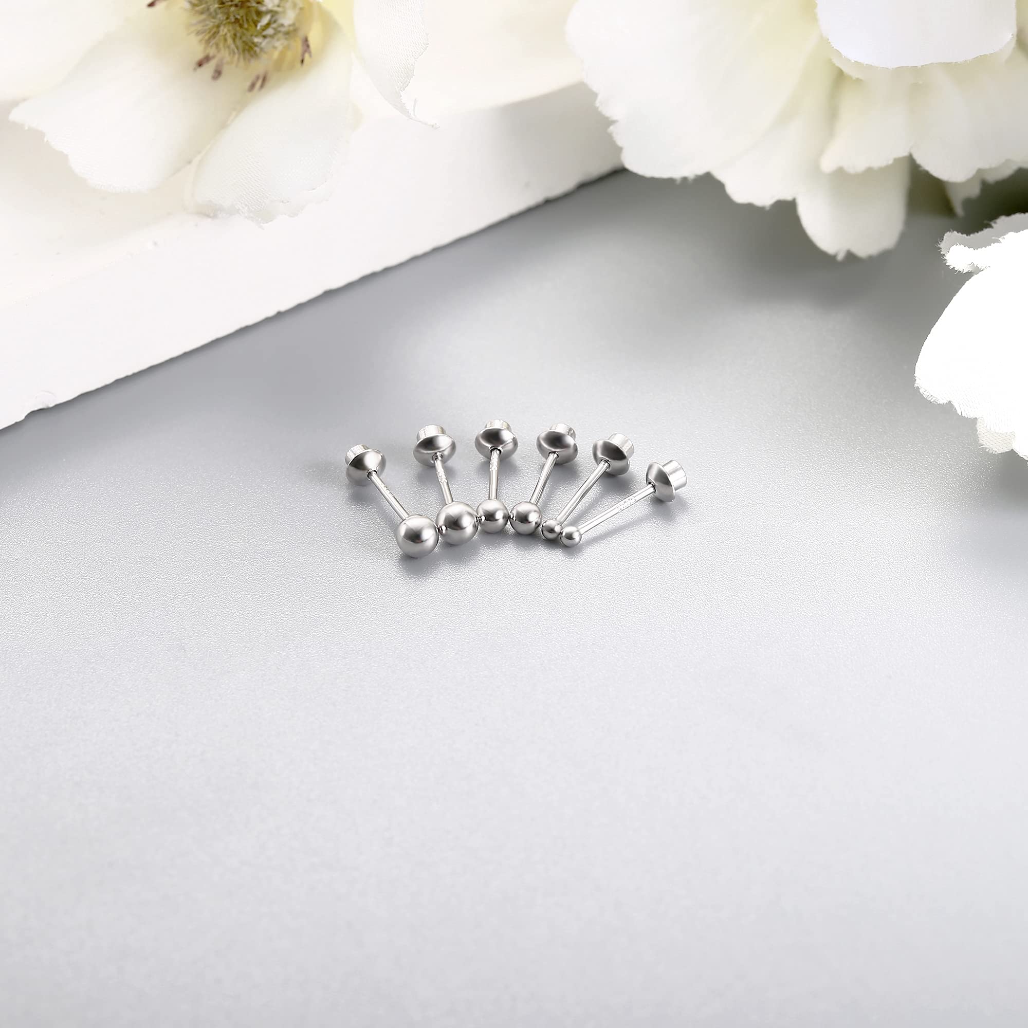 Sllaiss 3 Pairs Ball Stud Earrings Screw Back 925 Sterling Silver Cartilage Earrings Stud 14K Gold Plated Tiny Screwback Earrings For Women 2mm-4mm (Silver)