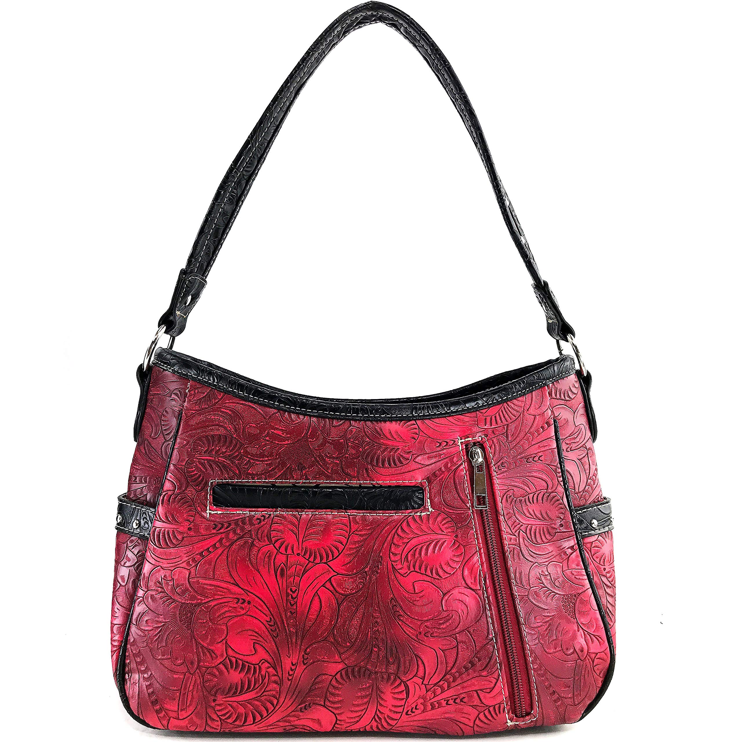 Zelris Floral Western Pu Tooled Leather Turquoise Concho Feathers Conceal Carry Women Hobo Purse Handbag (Red)