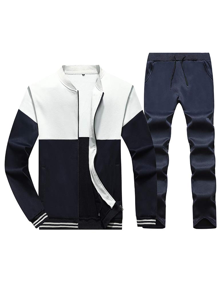 Tebreux Men's Sports Tracksuit Sweatsuit Casual Sweatpants Full-Zip Running Jogging Set (XL, White)