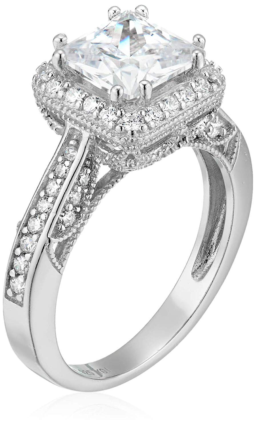 Sterling Silver Pave mm Princess Cut Cubic Zirconia Engagement Ring