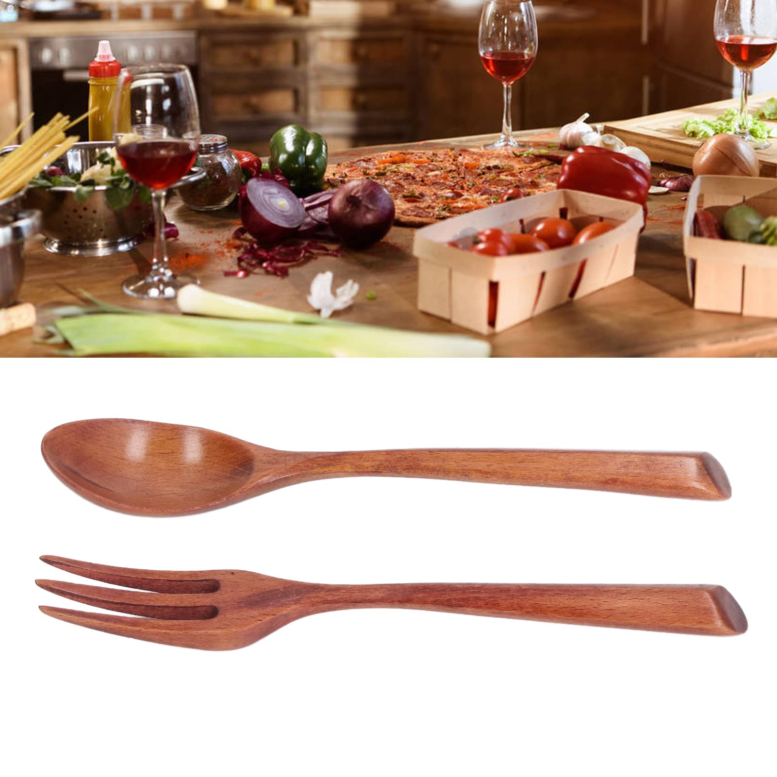 Wooden Fork Spoon Set 2Pcs Large Lacquered Wood Tableware Dinnerware Triangular Handle Utensil Wooden Spoon Spoon Fork